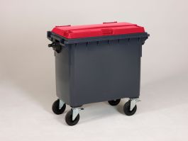 Afvalcontainer 660 liter, met scharnierdeksel, donkergrijs/rood - Engels